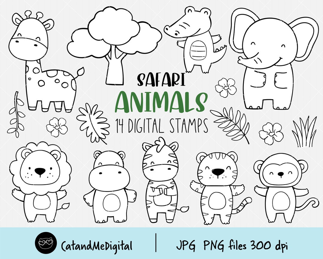 Safari Animals Digital Stamp Wild Animals Clipart Outline Coloring Baby ...