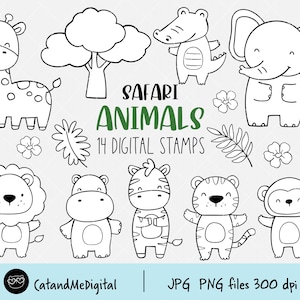 Safari Animals Digital Stamp Wild Animals Clipart Outline Coloring Baby ...