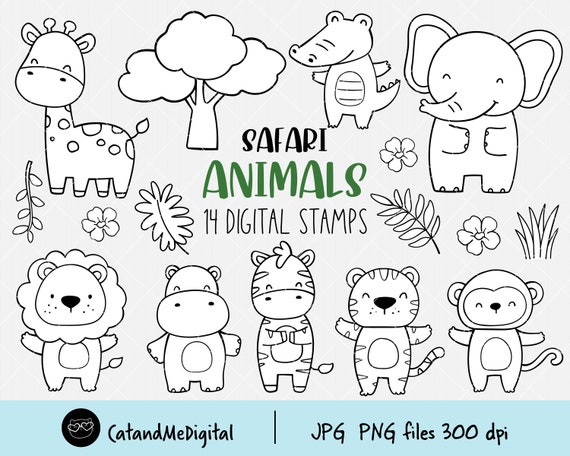 Safari Animals Digital Stamp Wild Animals Clipart Outline | Etsy