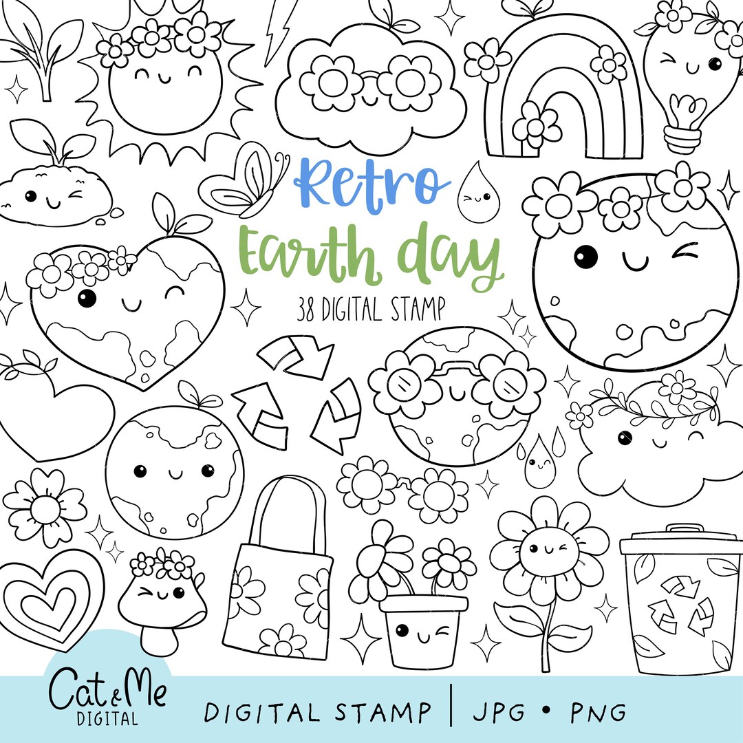 Retro Earth Day Digital Stamp Outline Earth Day Png Groovy Flower Power ...