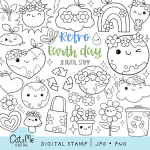 Retro Earth Day Digital Stamp Outline Earth Day Png Groovy Flower Power ...