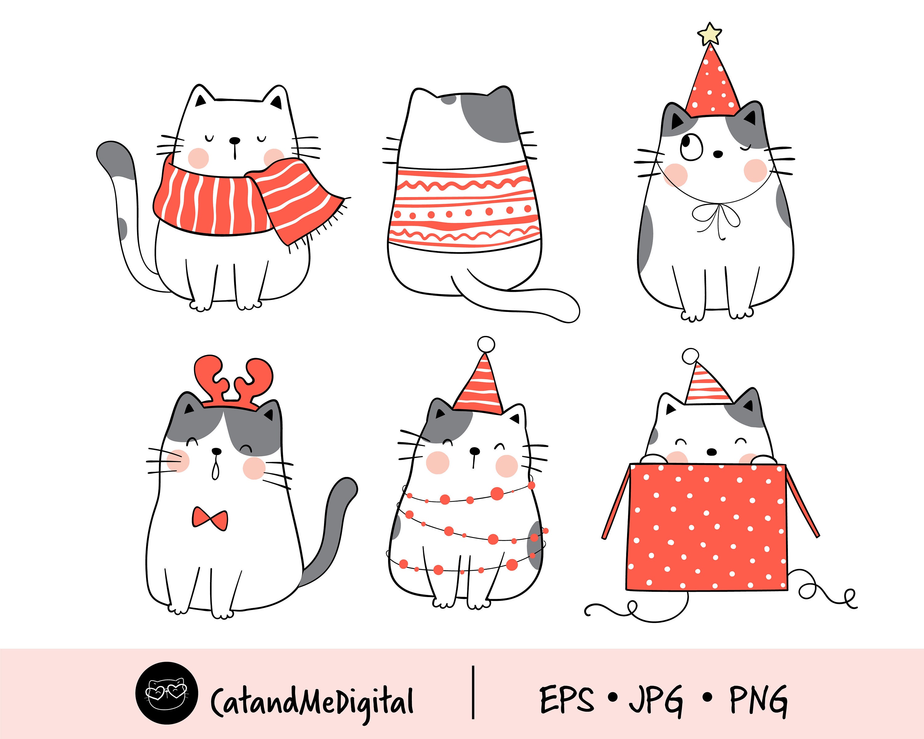 Clip art Funny cat in ChristmasMerry Christmas.Happy cats | Etsy