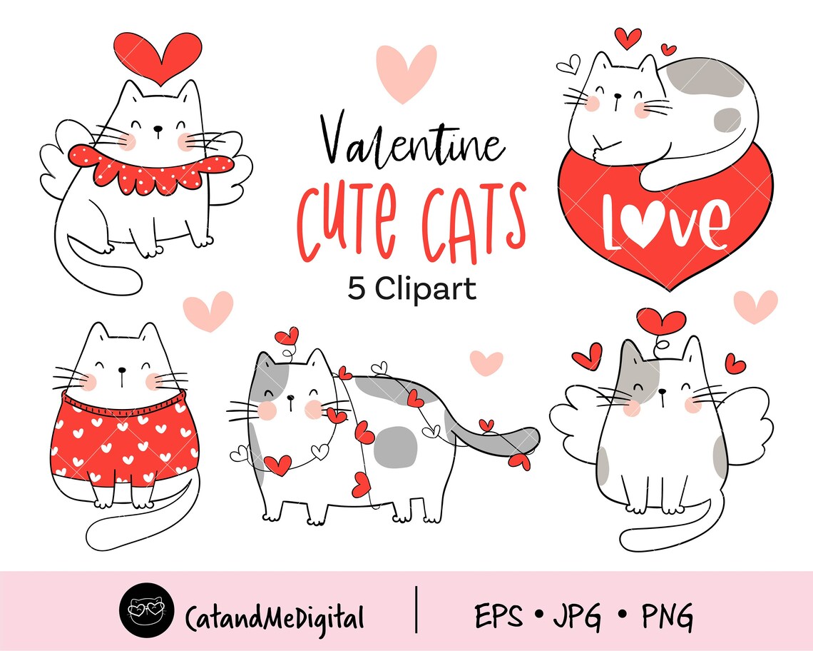 Cute Cat Valentine Clipart Valentine Love Love Clipart | Etsy