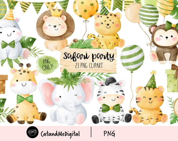 Party Animals Clipart Bundle, Watercolor Safari Jungle Zoo Animals With ...