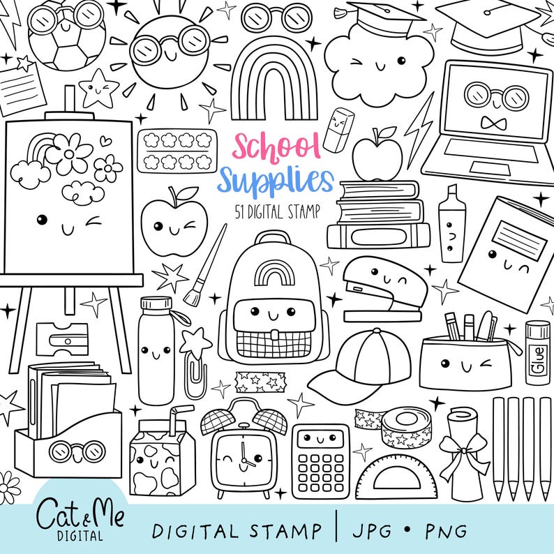 Doodle School Digital Stamp Outline Back to School Stamp Teacher ...