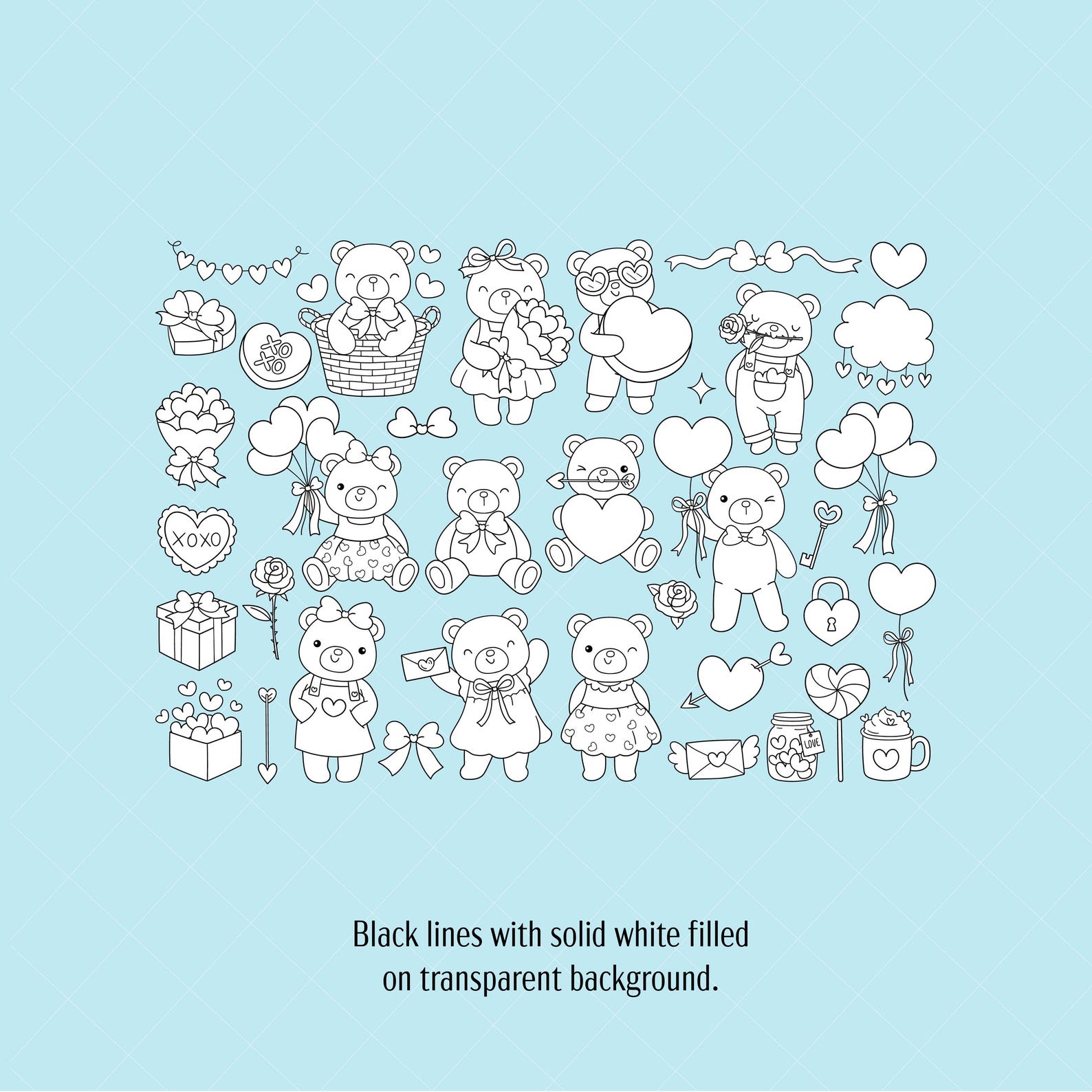 Sweet Teddy Bears Digital Stamp, Valentine’ Day Png, Doodle Love Bear ...