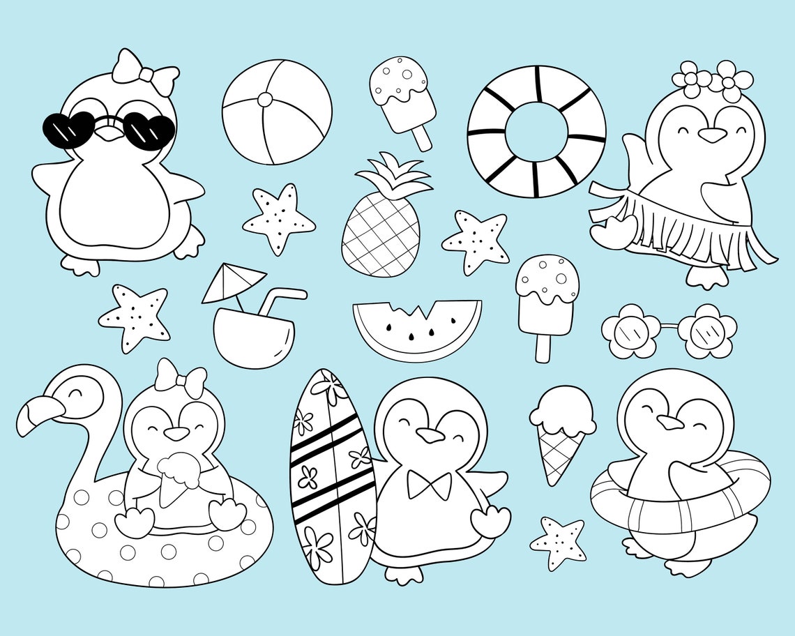 Summer penguin digital stamp Beach penguin clipart Summer line | Etsy
