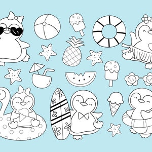 Summer Penguin Digital Stamp Beach Penguin Clipart Summer Line Art ...