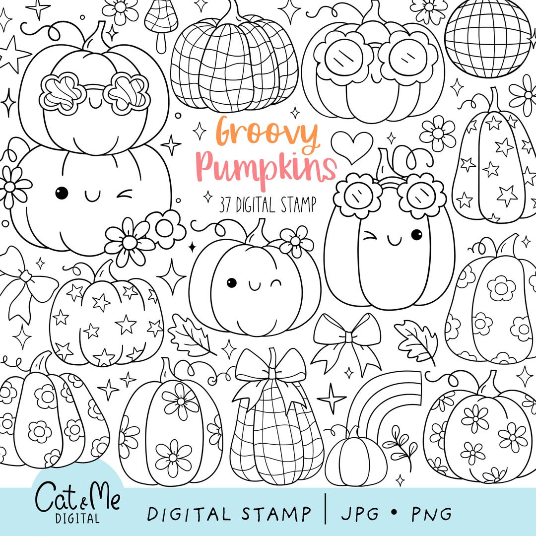 Groovy Retro Pumpkin Digital Stamp Outline Autumn Coloring Doodle Disco ...