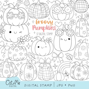 Groovy Retro Pumpkin Digital Stamp Outline Autumn Coloring Doodle Disco ...