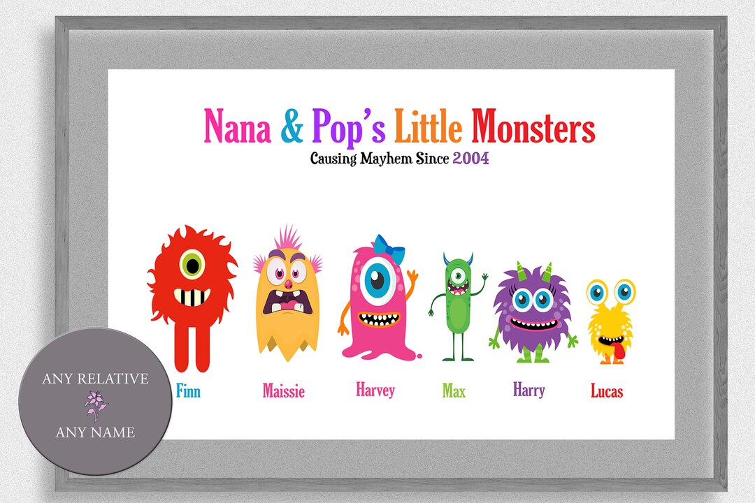 Personalised Little Monsters Family Picture Print, Nanny, Grandad ...