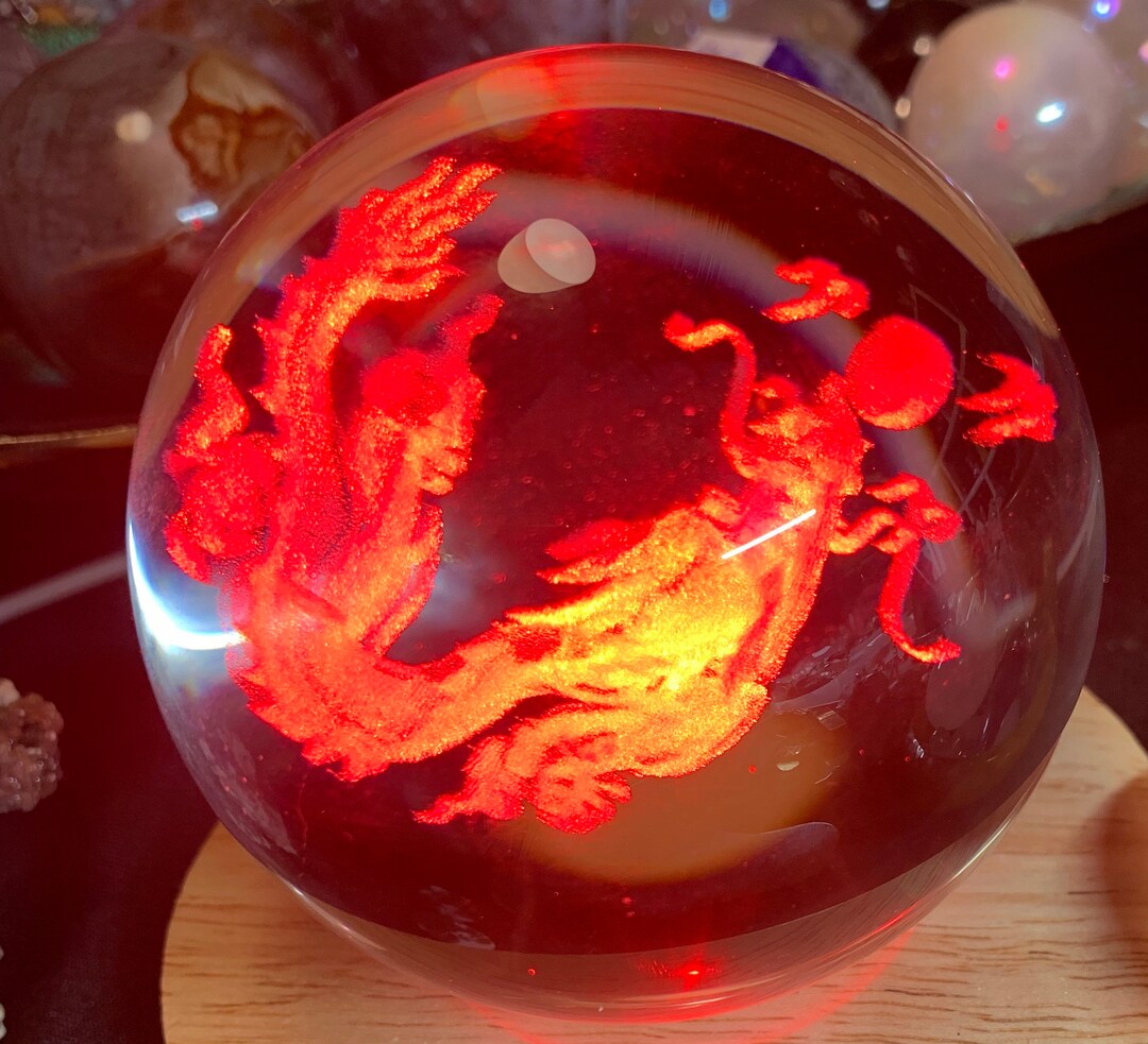 Glass Sphere With Dragon Carving. 79mm. Choice of Light Stands.. Color ...