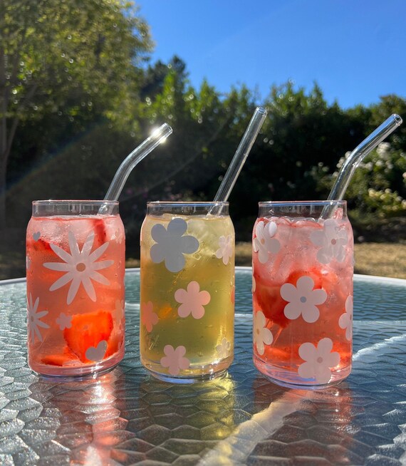 Pastel Floral Drinking Glass Set With Glass Straws Summer - Etsy