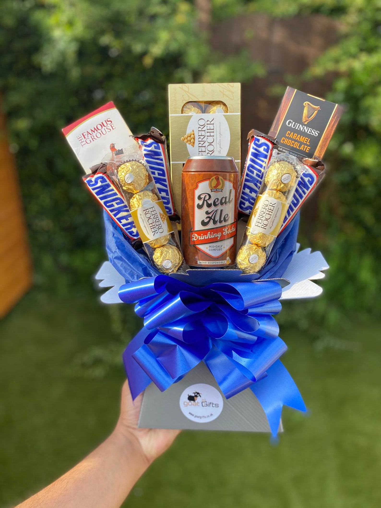 Ferrero Rocher, Snickers, Famous Grouse Bar, Guiness Bar and Socks in a Can Chocolate Bouquet - Etsy