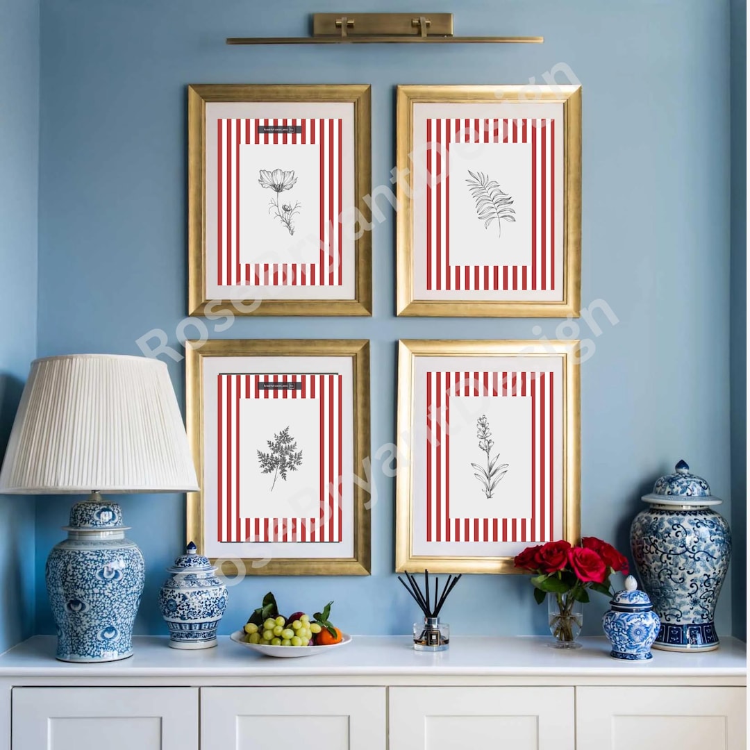 50 Printable Muted Red Striped Border Botanical Line Drawings - Etsy