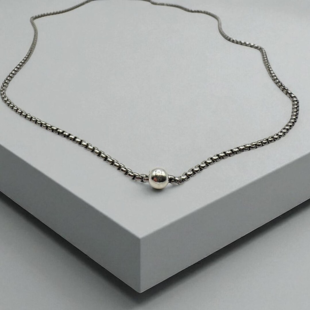 Stainless Steel Rounded Box Chain Necklace With Sterling Silver Bead - Etsy