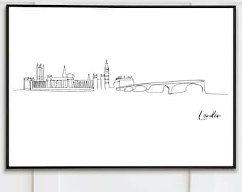 London Bridge Line Art, London Skyline Line Drawing Printable, Modern ...