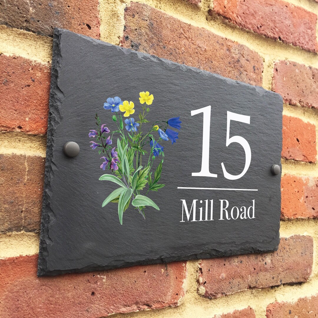 Rustic Floral Bouquet Slate House Sign Farmhouse Plaque Door Number ...