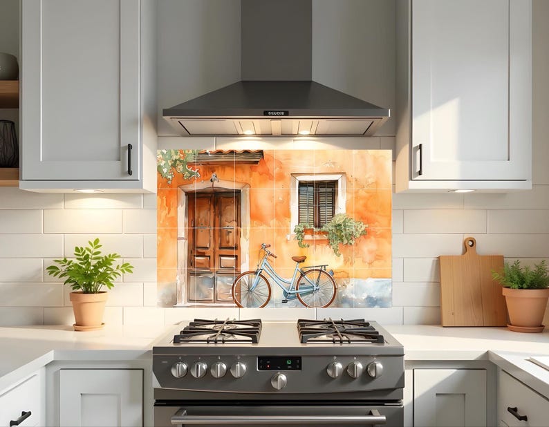 Italian Tile Mural – Tuscan Kitchen Backsplash, Countryside Bicycle Art ...