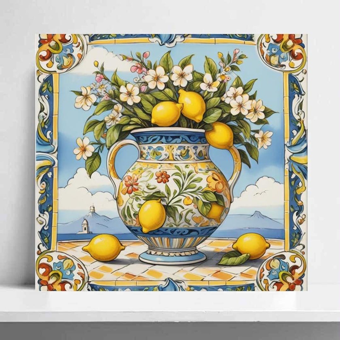 Italian Tile – Amalfi Lemon Ceramic Tile, Majolica Lemon Vase Wall Art ...