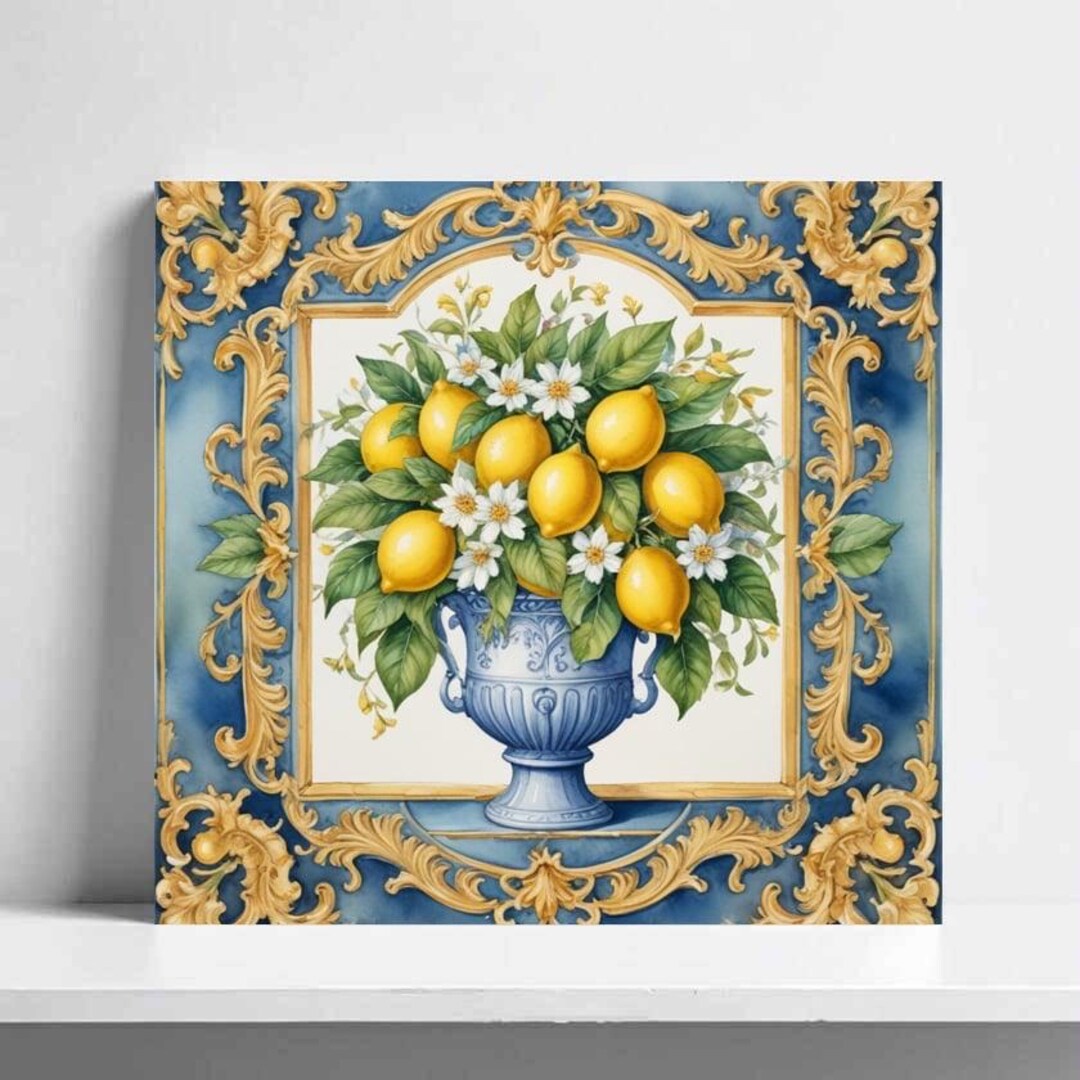 Italian Tile – Amalfi Lemon Ceramic Tile, Lemon Vase Wall Art ...