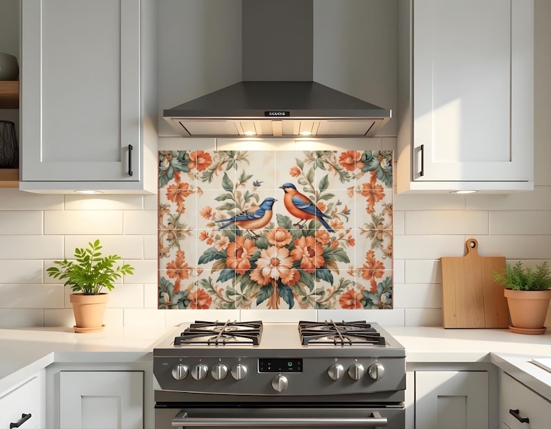 Italian Majolica Ceramic Tile Mural – Bird & Floral Wall Art, Botanical ...