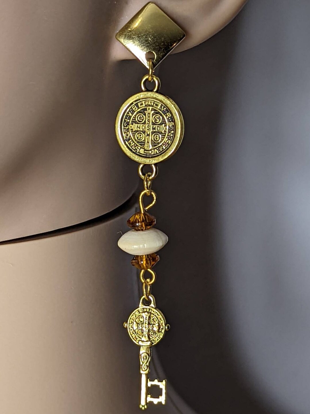 JESUS LOVE Gothic Earrings Cross Religious Medal Gold/wood Elongated - Etsy