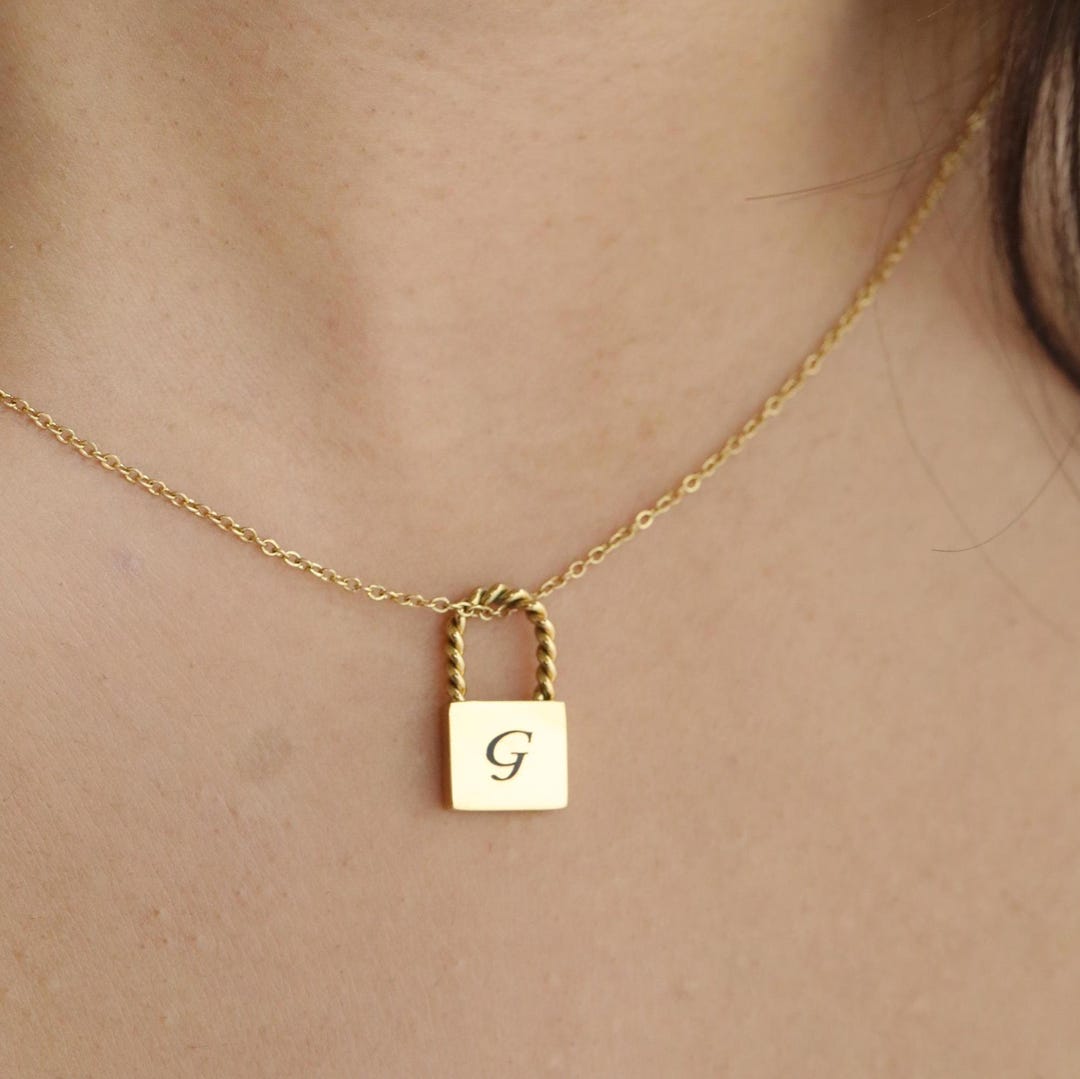 18K Gold Padlock Initial Necklace: Custom Engraved Lock Choker - Etsy