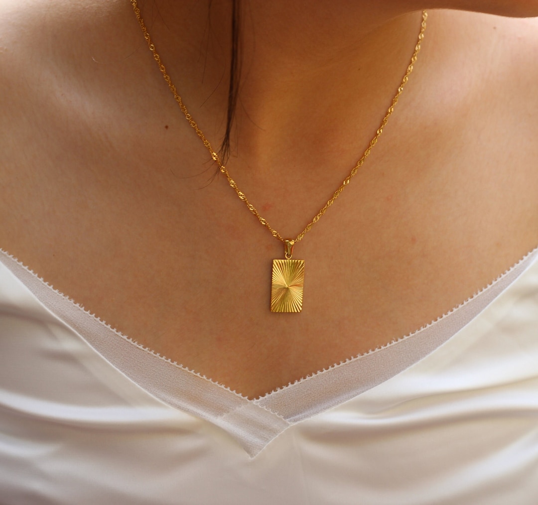 18K Gold Necklace Rectangle Sunburst Necklace Gold Pendant Necklace ...