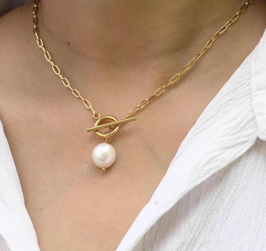 14K Gold-filled Freshwater Pearl Toggle Necklace: Paperclip Chain - Etsy