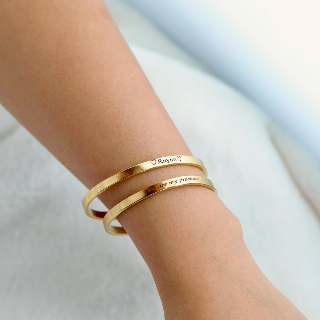 Personalized 18K Gold Filled Bangle - Engraved Name Bangle Bracelet - Flat Stackable Cuff Bangle ...