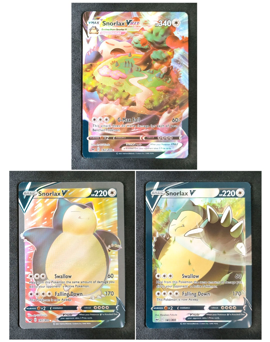 Snorlax Set of 3 Cards - V, V Max Cards - Custom Card Set (paper or ...