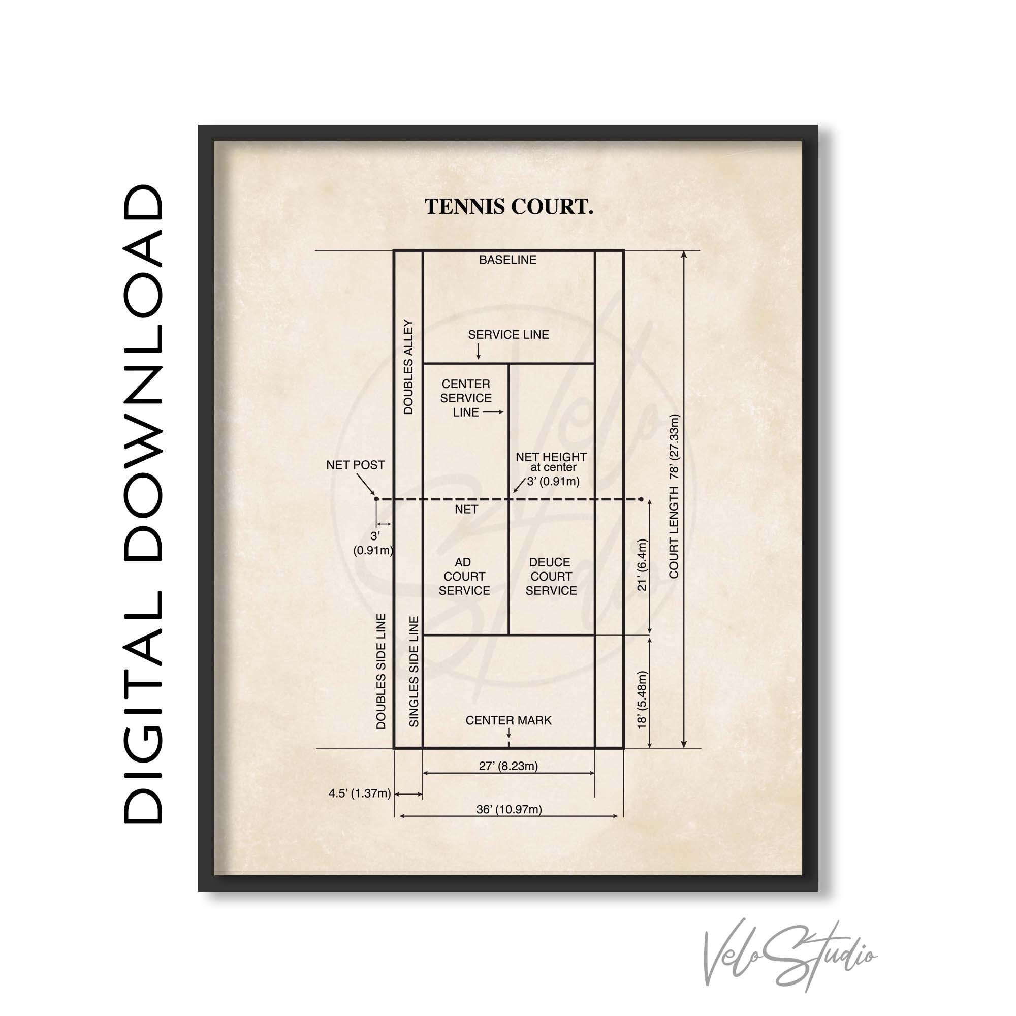 Tennis Wall Art Tennis Court Diagram Tennis Poster Tennis Player Gift ...