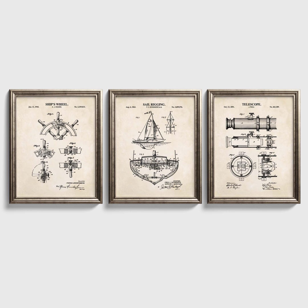 Nautical Patent Art Set | Telescope, Sail Rigging & Ship's Wheel ...
