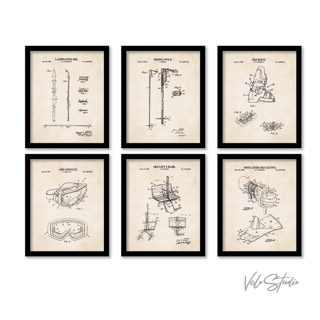 Ski Patent Wall Art Set 6 Unframed Prints Patents for Ski, Ski Pole ...