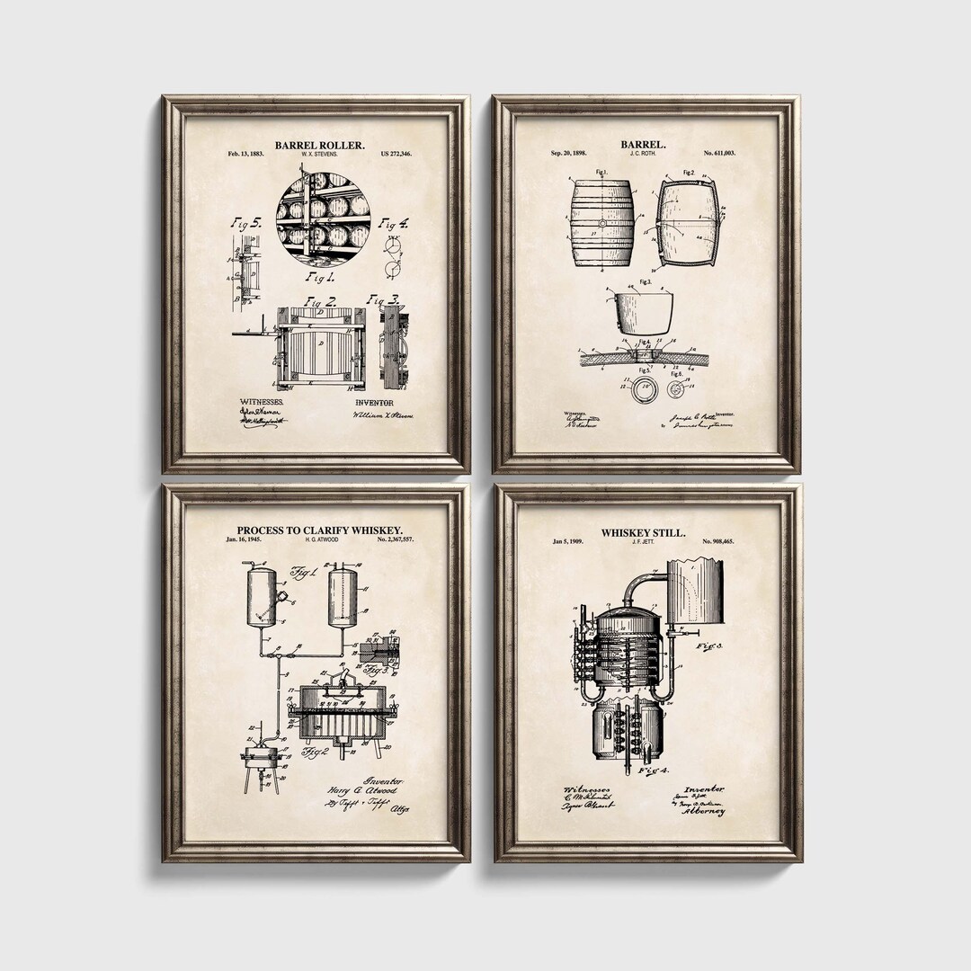 Whiskey Patent Wall Art | Clarifying, Still, Barrel & Barrel Roller ...
