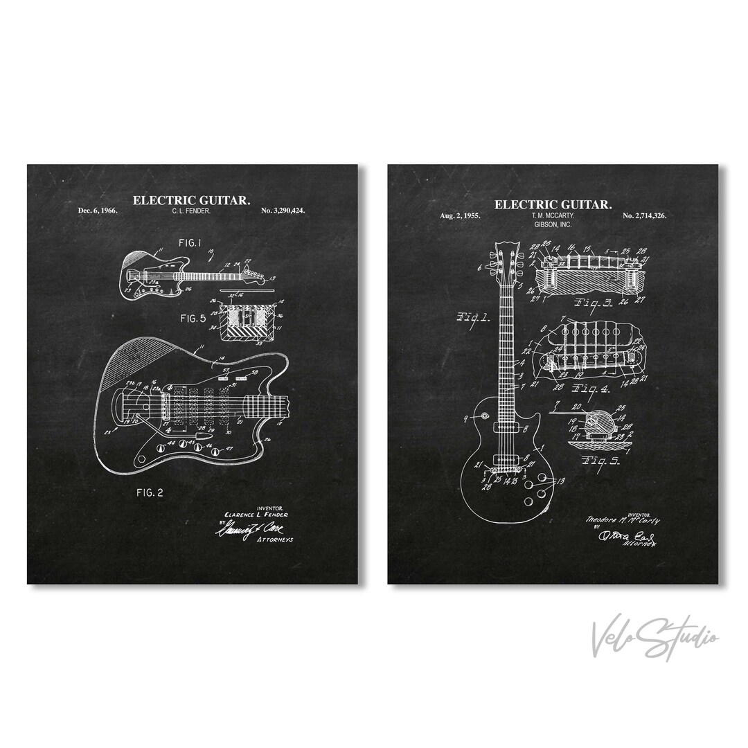 Electric Guitar Patent Print Wall Art Set of 2 Prints Guitar Blueprint ...