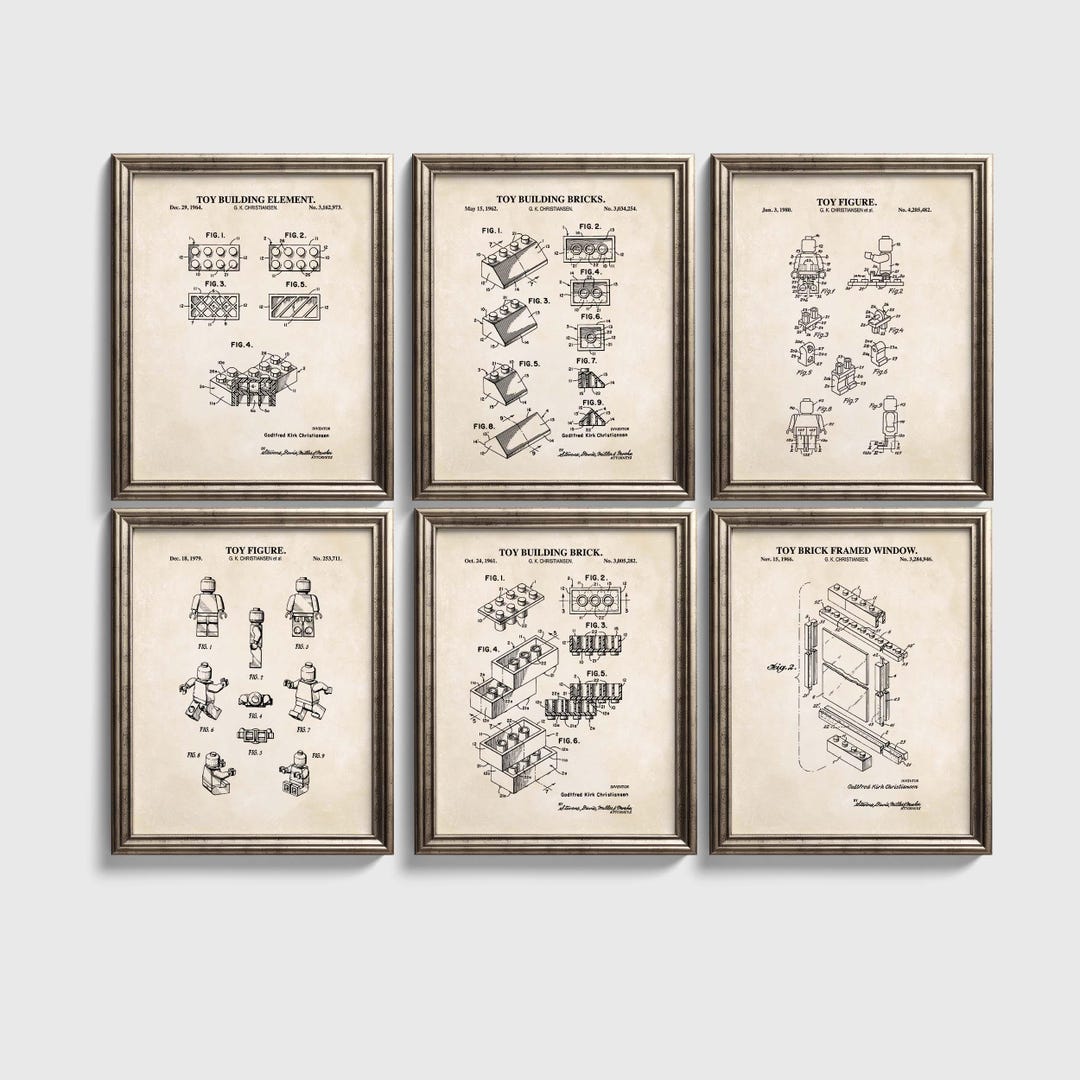 Vintage Toy Blocks Wall Art Set | 3 Toy Brick Patents, 2 Toy Figure ...