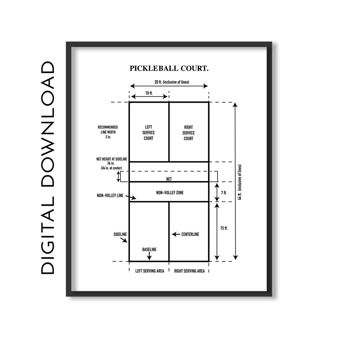 Pickleball Wall Art | Pickleball Court Diagram Black and White Drawing ...