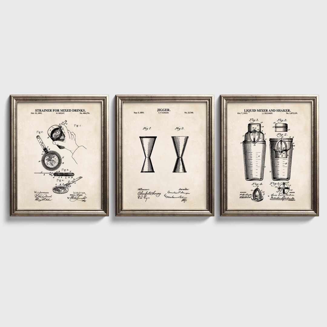 Cocktail Patent Wall Art Set | Shaker, Jigger & Strainer Bar Prints ...