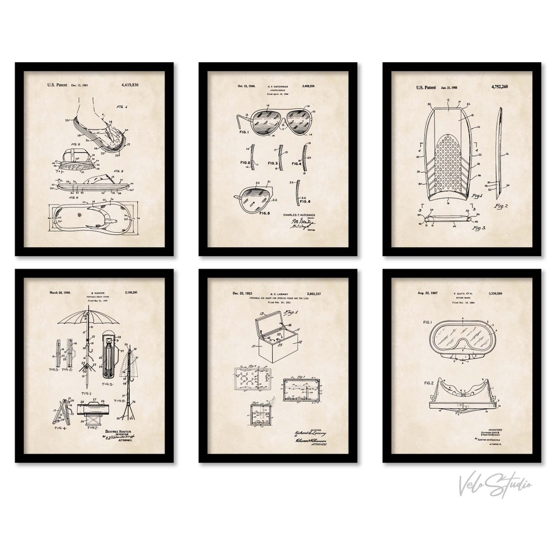 Vintage Beach Patent Wall Art Flip Flop, Sunglasses, Bodyboard, Beach ...