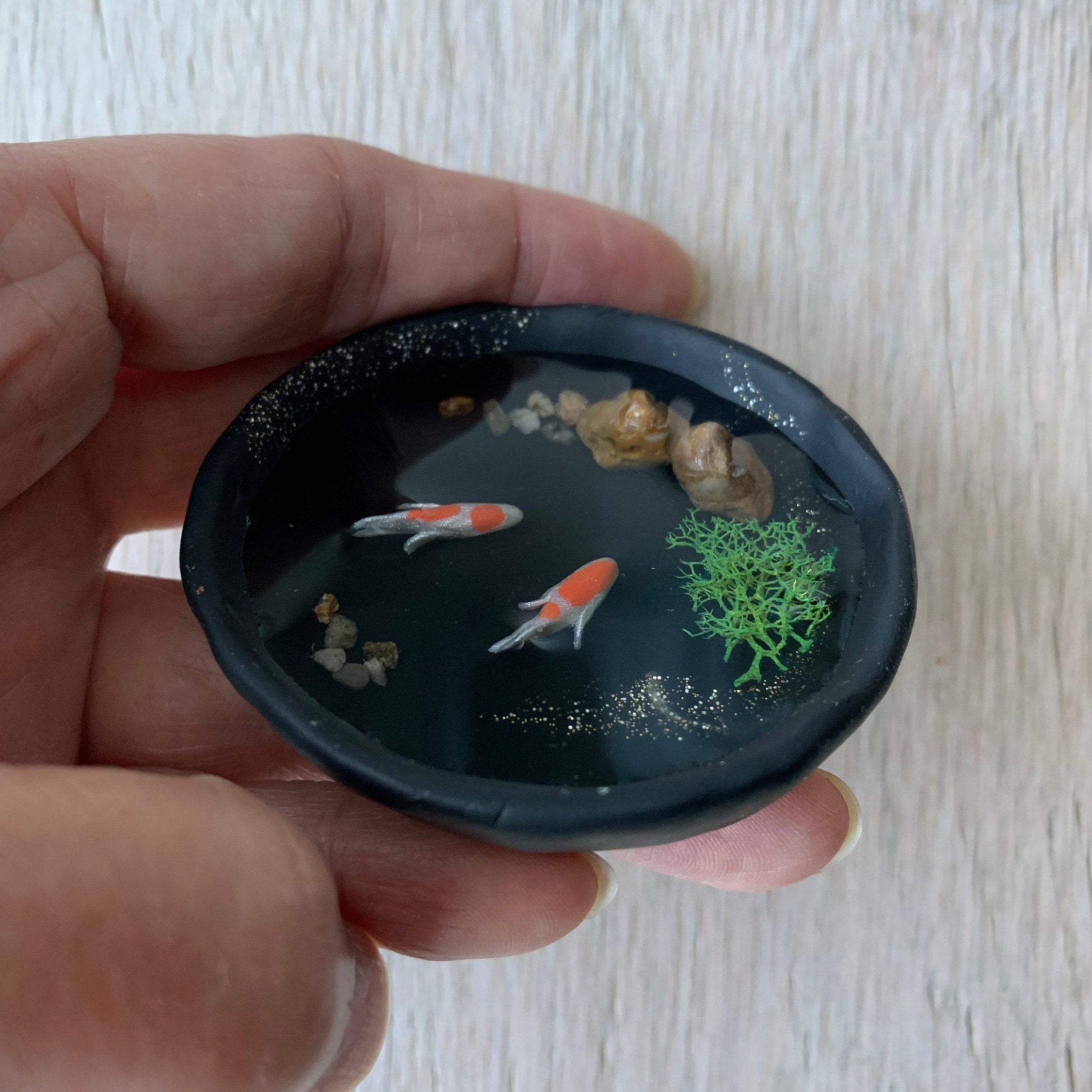 Miniature Koi Pond Koi Black Bowl With Gold Accent Rocks | Etsy