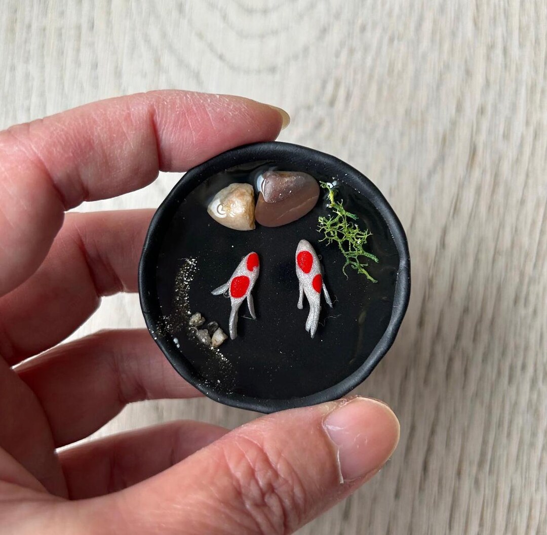 Miniature Koi Pond Koi, Black Bowl With Gold Accent, Rocks, and Water ...