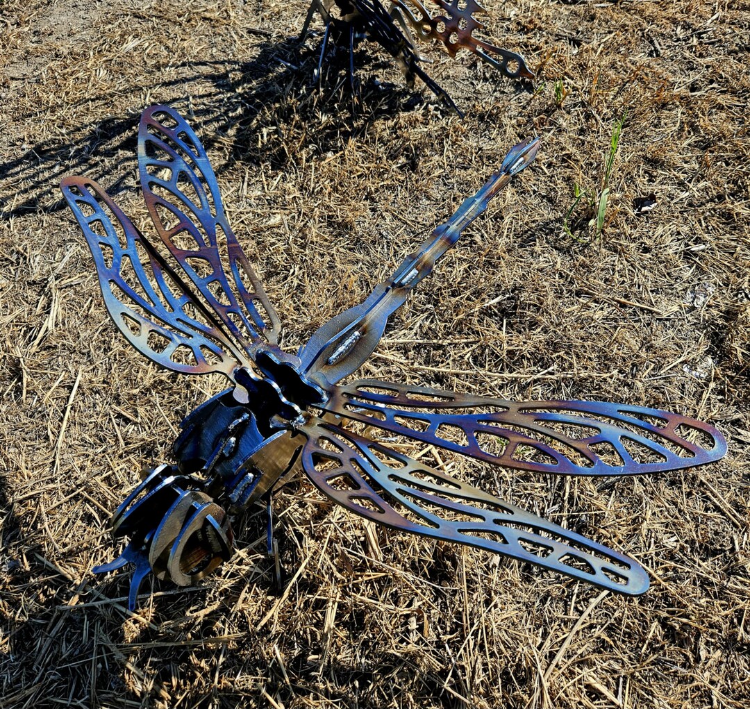Large Metal Dragonfly Sculpture – 24” Wingspan – Heat-colored Garden ...