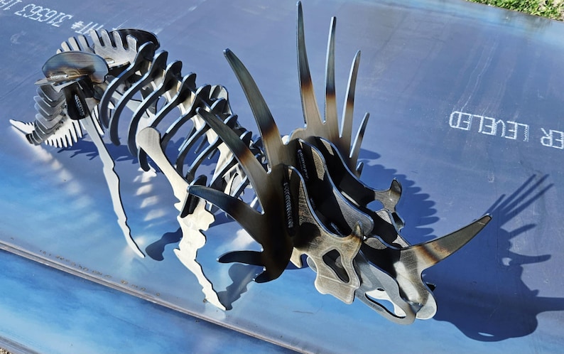 Welded Steel Triceratops Sculpture: 47" Dinosaur Art, Heat-colored ...
