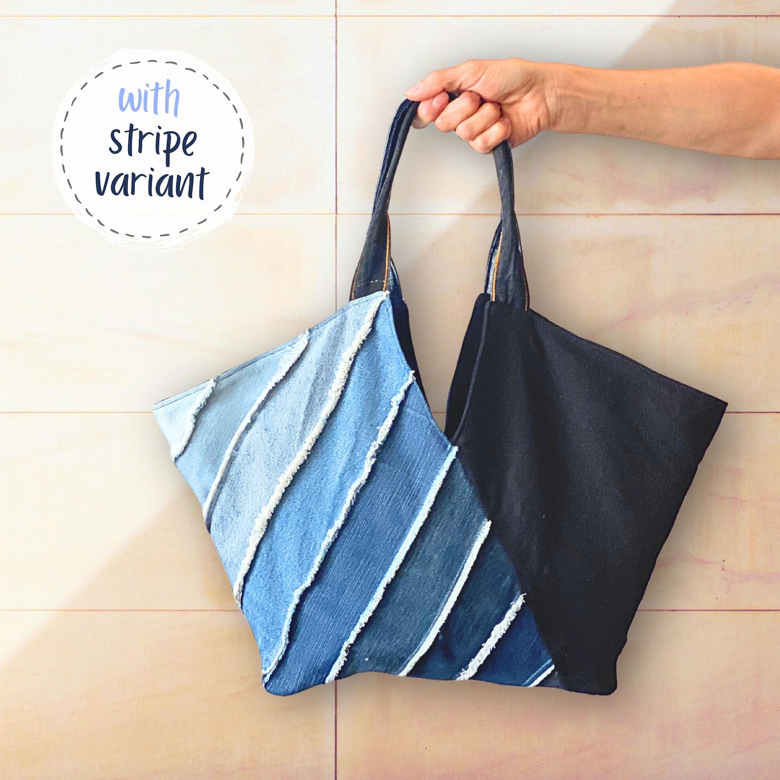 Bag Sewing Pattern Pdf, V-shape Shopper, Patchwork + Diagonal Stripes ...