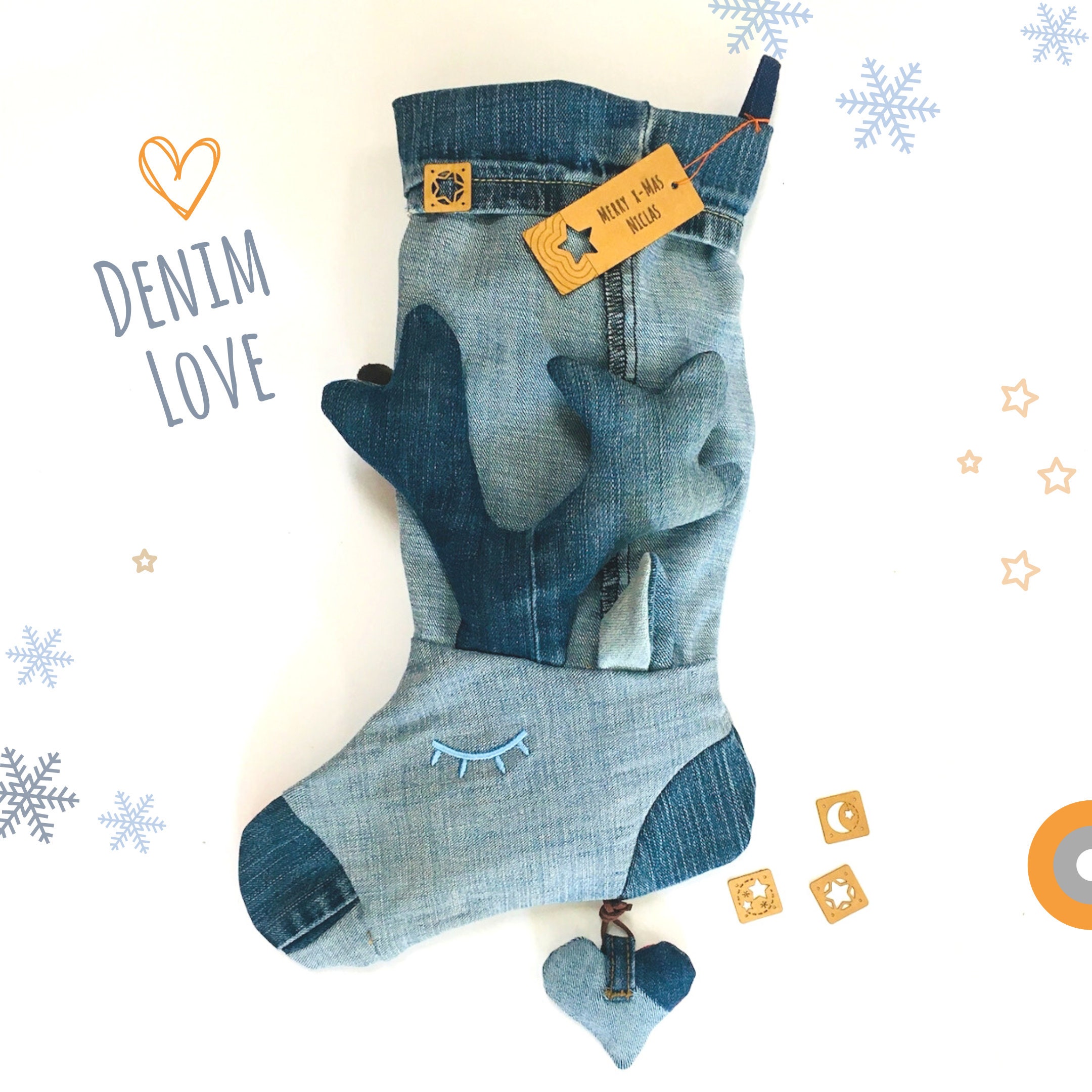 Christmas Stocking Pdf Pattern, Upcycle Jeans Idea, Reindeer Sewing ...