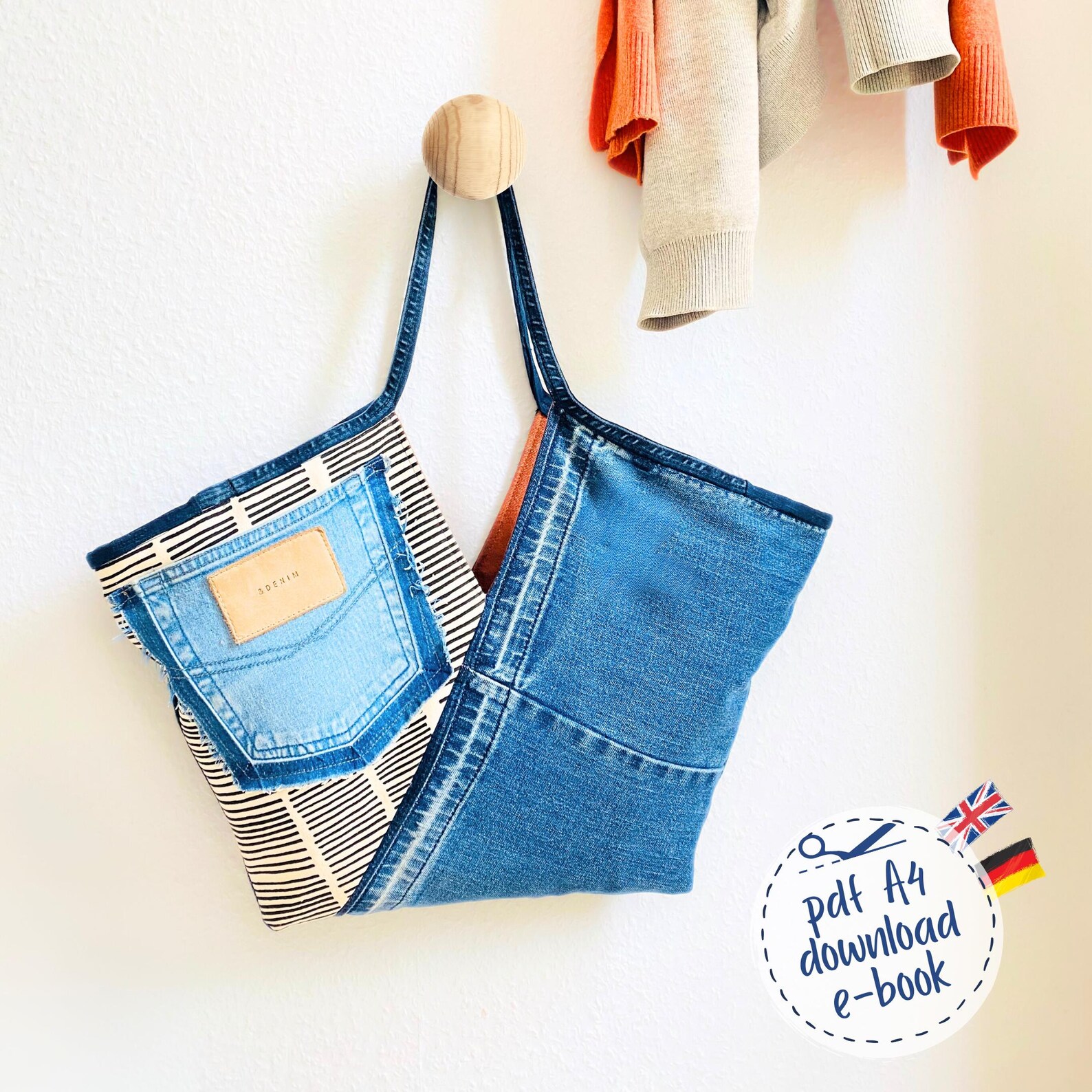 Bag Sewing Pattern Pdf, V-shape Shopper, Patchwork + Diagonal Stripes ...