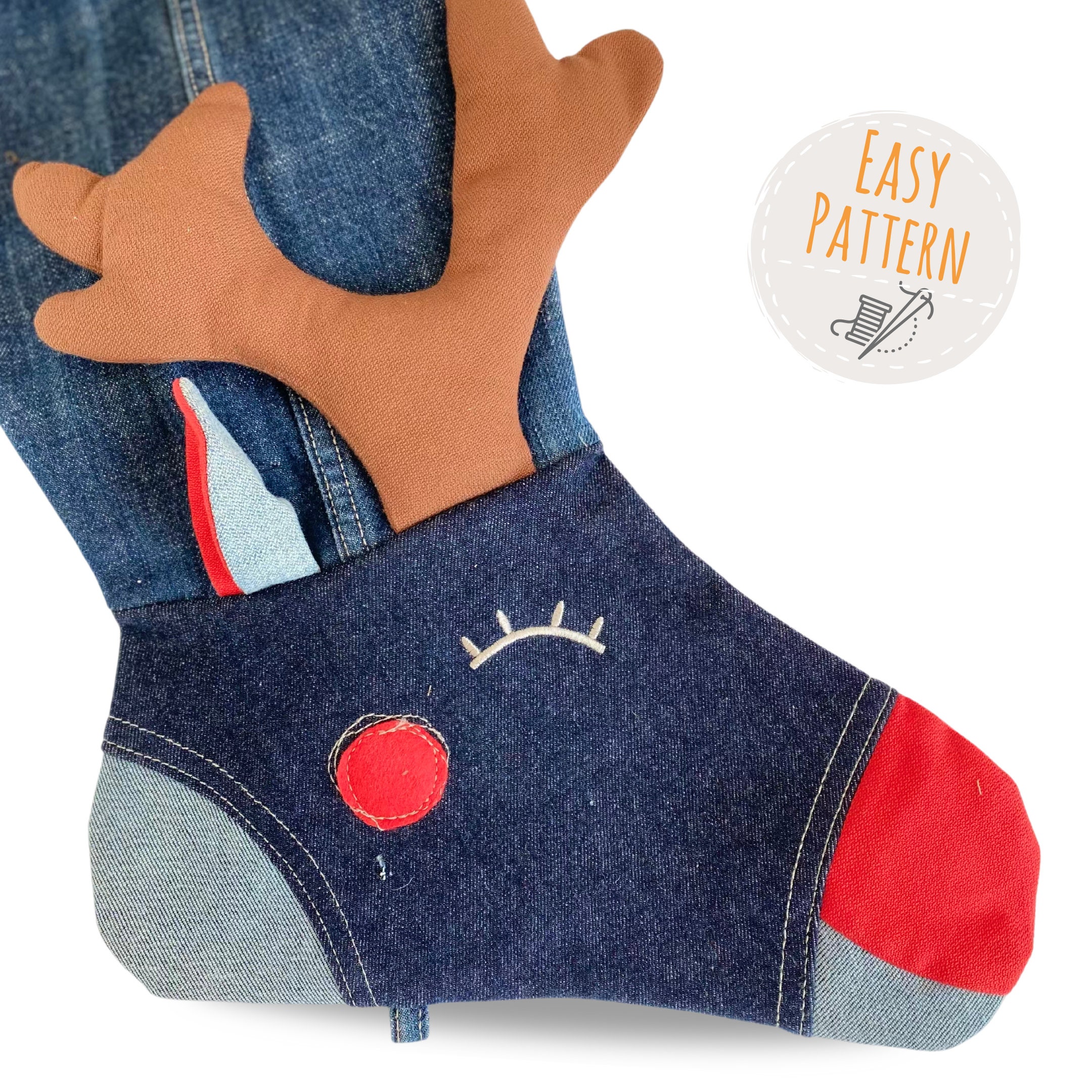 Christmas Stocking Pdf Pattern, Upcycle Jeans Idea, Reindeer Sewing ...