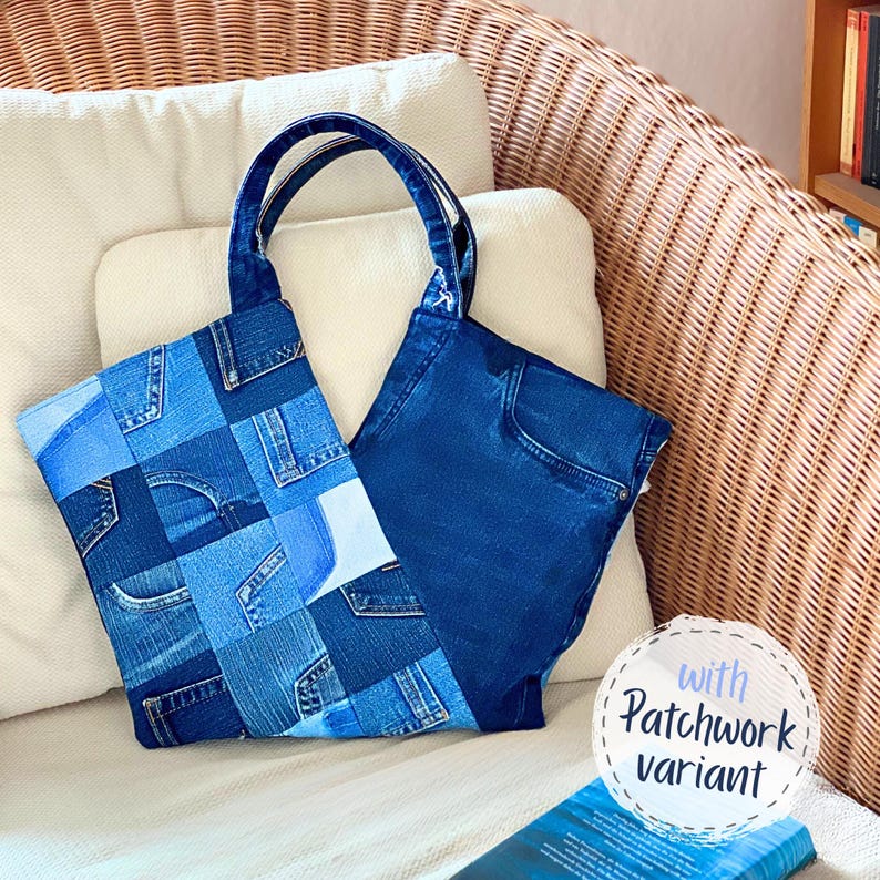 Bag Sewing Pattern Pdf, V-shape Shopper, Patchwork + Diagonal Stripes ...